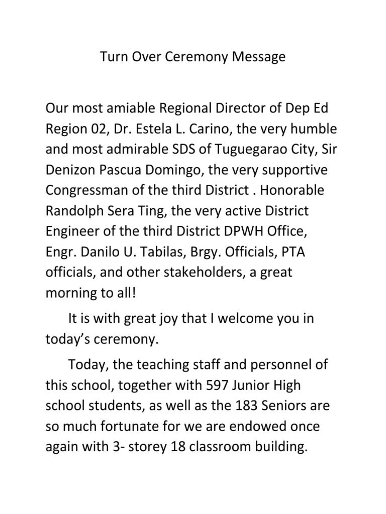 Turn Over Ceremony Message for Gosi High | PDF | Behavior Modification ...