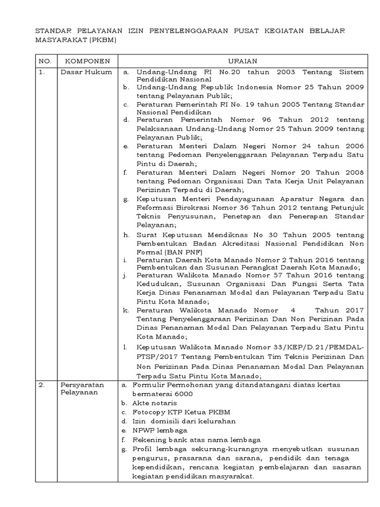 Standar Pelayanan PKBM | PDF