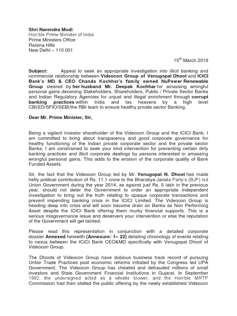 ICICI-Videocon Scam Investigation Appeal | PDF | Banks | Debt