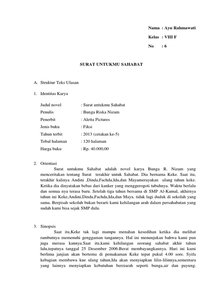 Teks Ulasan Novel Surat Untukmu Sahabat | PDF