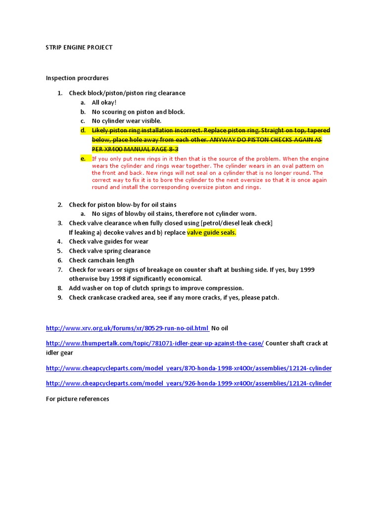 Strip Engine Project XR400 | PDF | Cylinder (Engine) | Piston