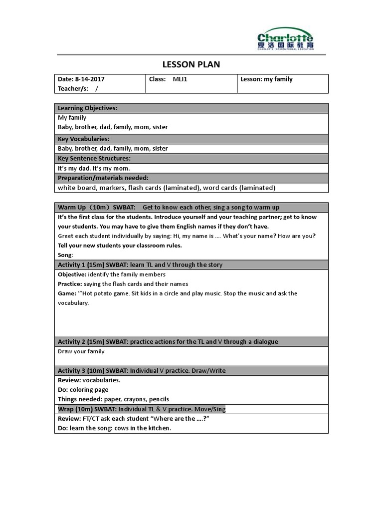 Lesson Plan: White Board, Markers, Flash Cards (Laminated), Word Cards ...