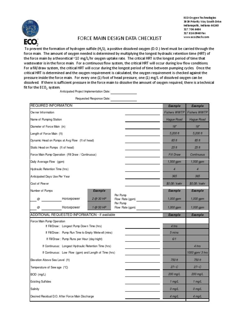 Force Main Design Data Checklist | PDF | Horsepower | Pump
