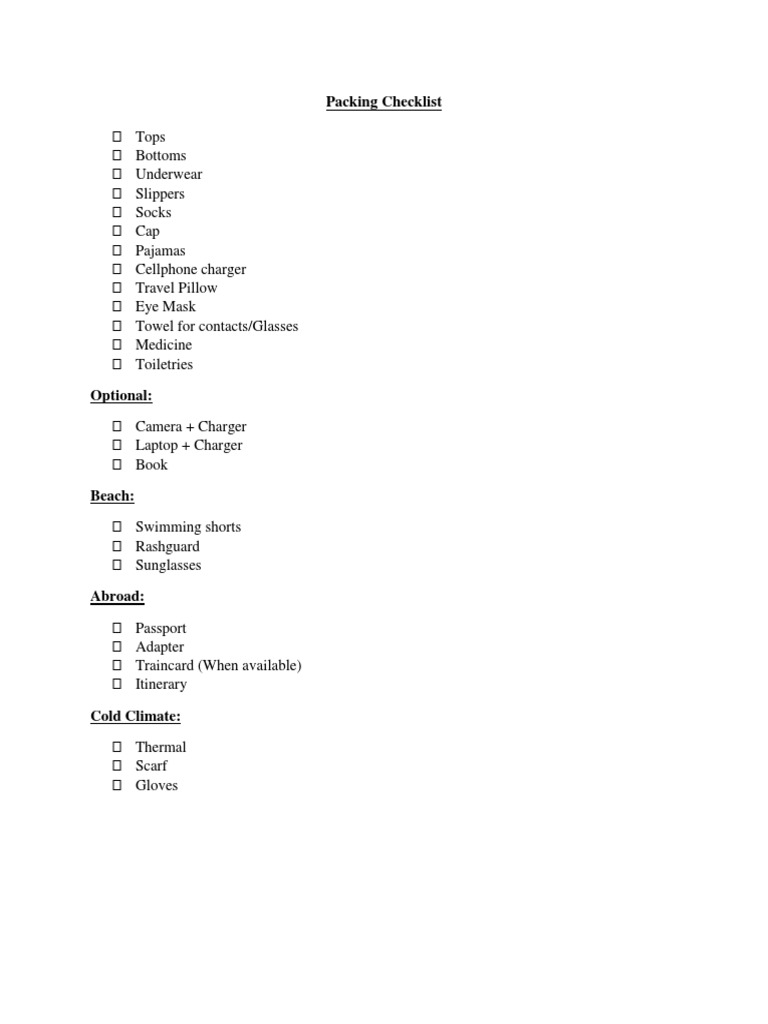 Packing Checklist1 | PDF | General Fiction