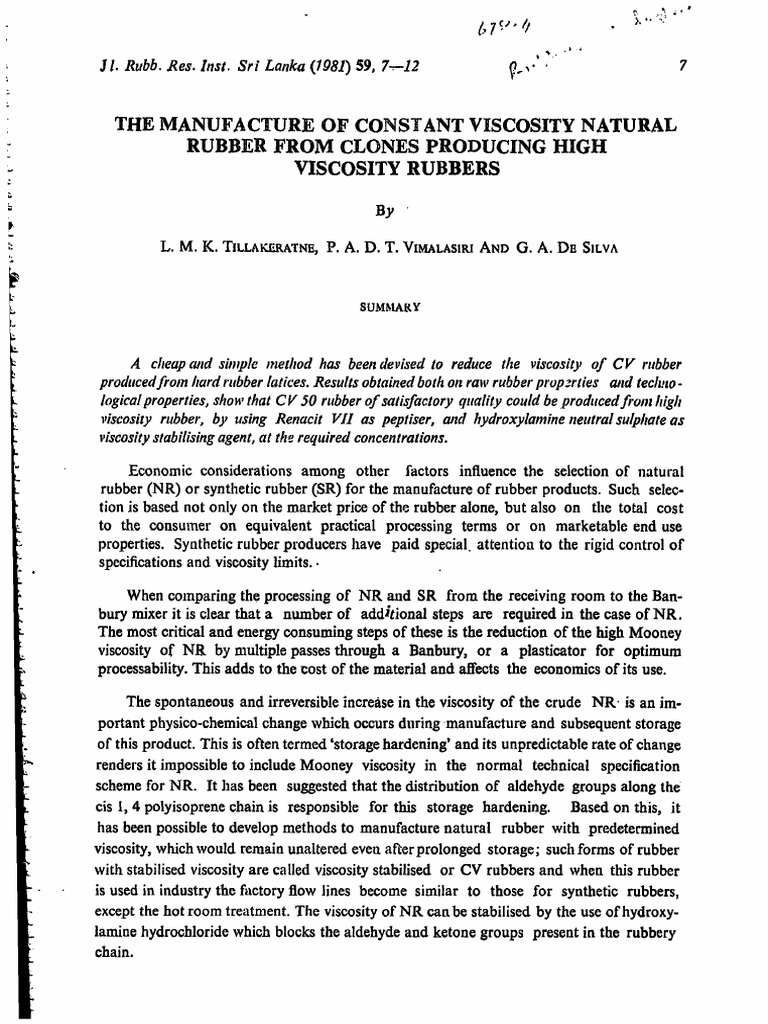 The Manufacture of Constant Viscosity Natural Rubber With HGH Viscosity ...