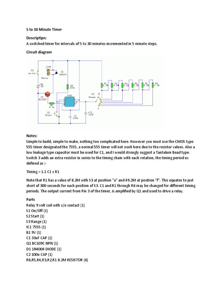 Adjustable 5 to 30 Minute Timer Circuit Using CMOS 7555 Timer IC | PDF