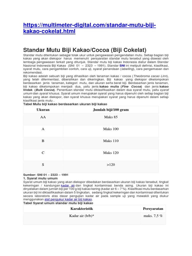 Standar Mutu Biji Kakao | PDF | Memasak, Makanan, & Anggur | Kesehatan ...