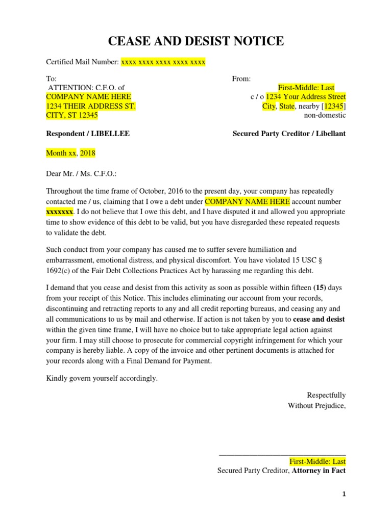 Cease and Desist Template | PDF | Debt | Justice