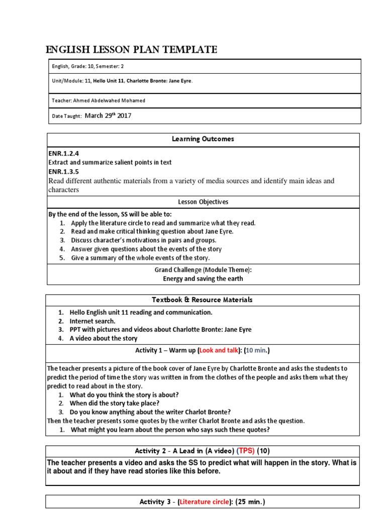 Jane Eyre Lesson Plan Overview | PDF | Jane Eyre | Teachers
