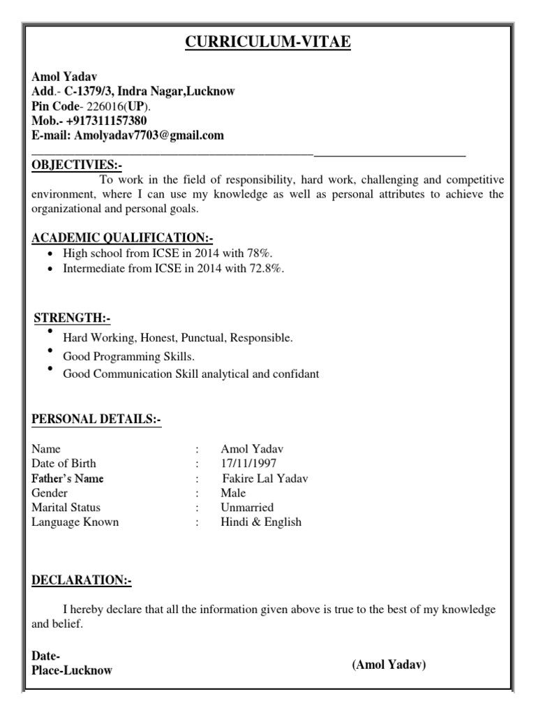 Curriculum-Vitae: Amol Yadav Add.-C-1379/3, Indra Nagar, Lucknow Pin Code - 226016 (UP) - Mob ...
