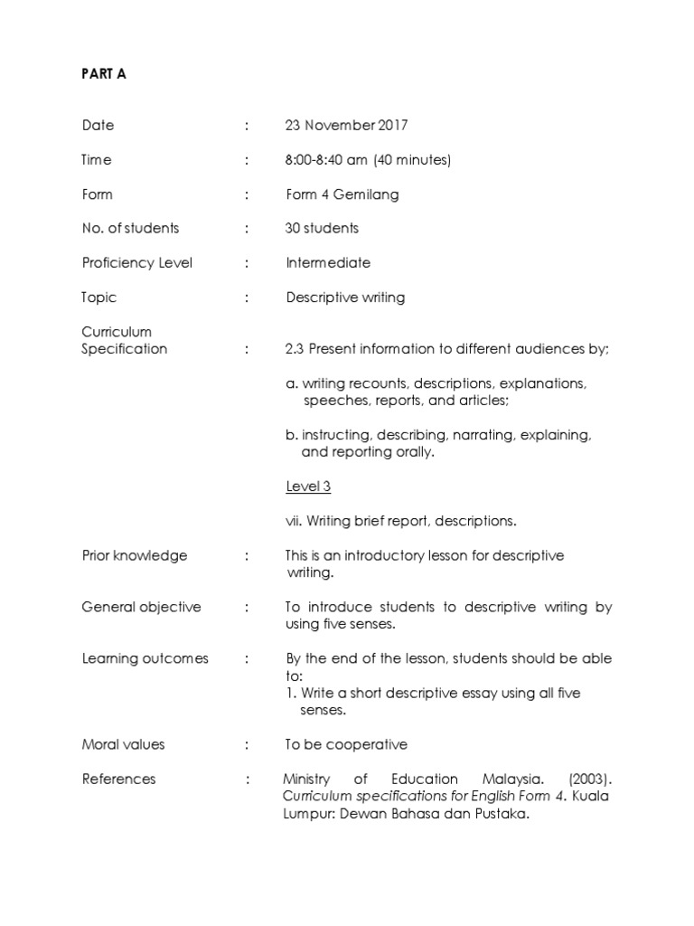 Descriptive Writing LP (F4) | PDF | Essays | Teachers