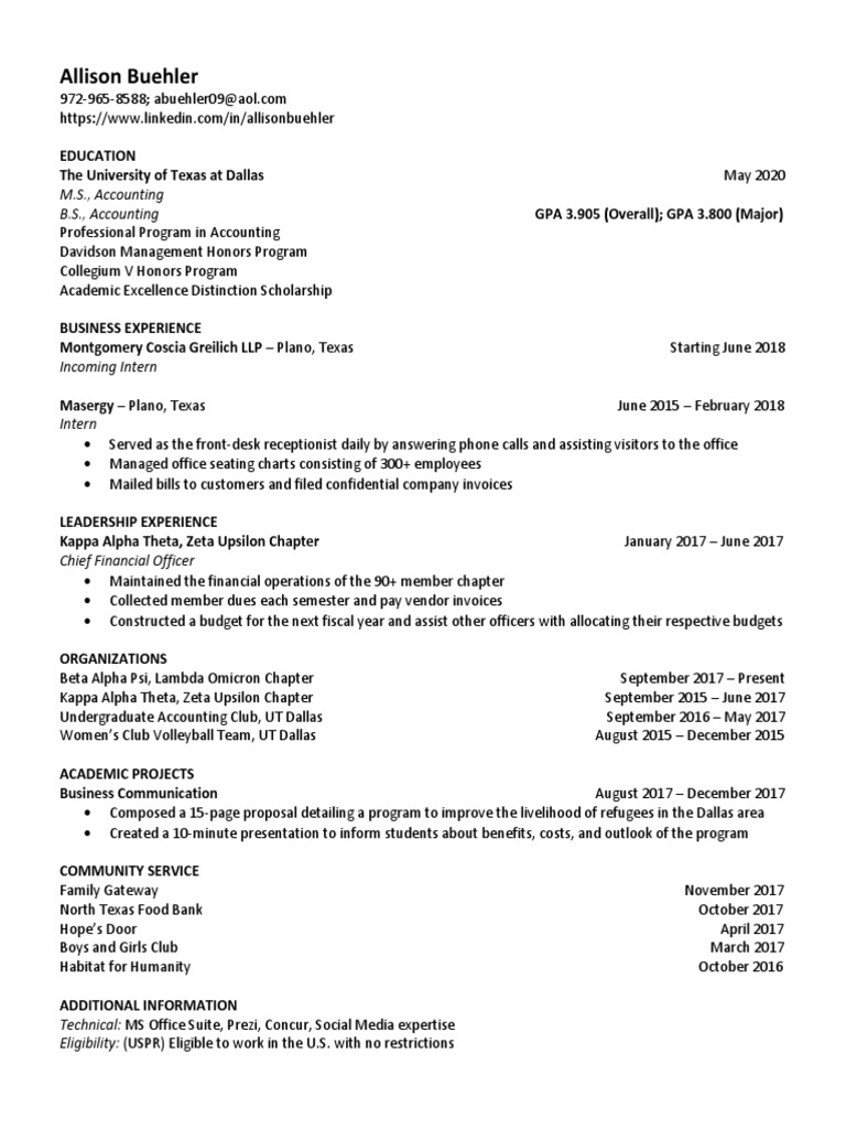 Allison Buehler Resume | PDF | University Of Texas At Dallas | Business