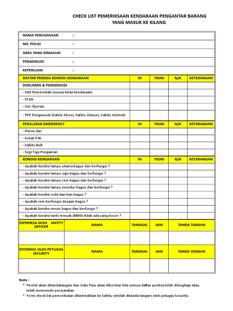Form Check List Pemeriksaan Kendaraan Pengantar Barang | PDF