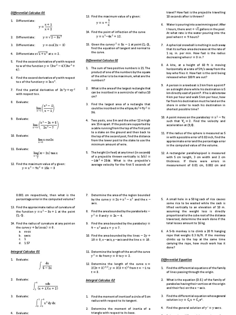 Differential Calculus Problem Set | PDF | Area | Differential Calculus