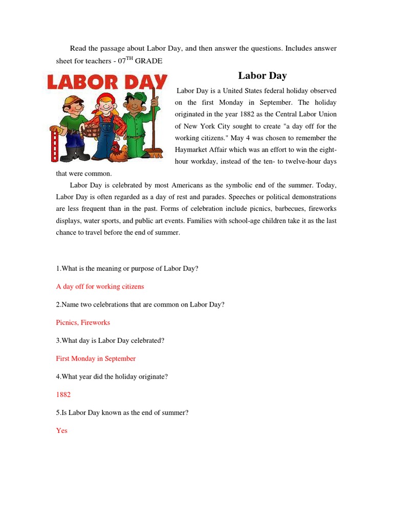 Labor Day Overview and Quiz for 7th Grade | PDF