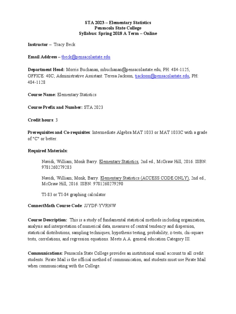 STA 2023 Syllabus Spring 2018 A | PDF | Final Examination | Statistics