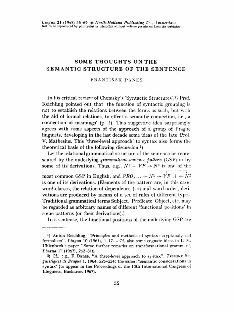 Some Thoughts On The Semantic Structure of The Sentence (Danes 1968 ...
