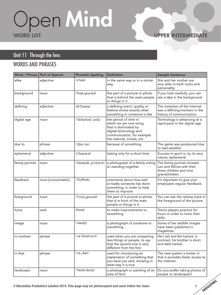 Open Mind Upper Intermediate Unit 11 Wordlist | PDF | Noun | Adjective