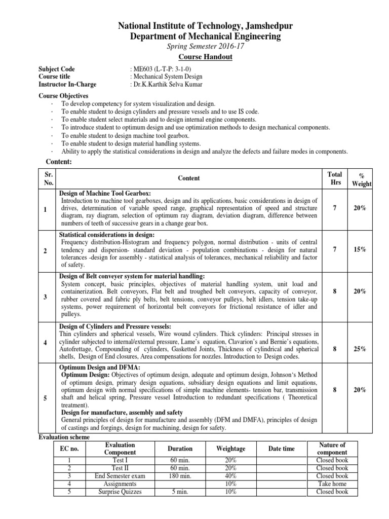 Mechanical System Design SYLLABUS | PDF | Belt (Mechanical) | Design
