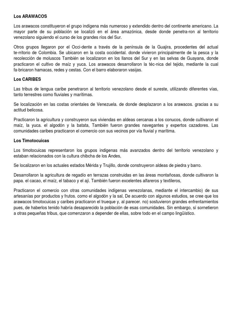 Los ARAWACOS Caribes y Timotocuicas | PDF | Venezuela | América del Sur