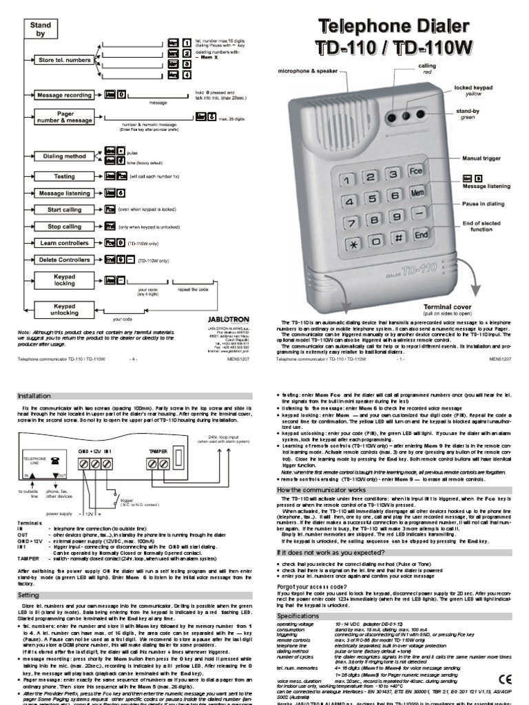 Telephone Communicator User Manual: TD-110/TD-110W Automatic Dialing ...