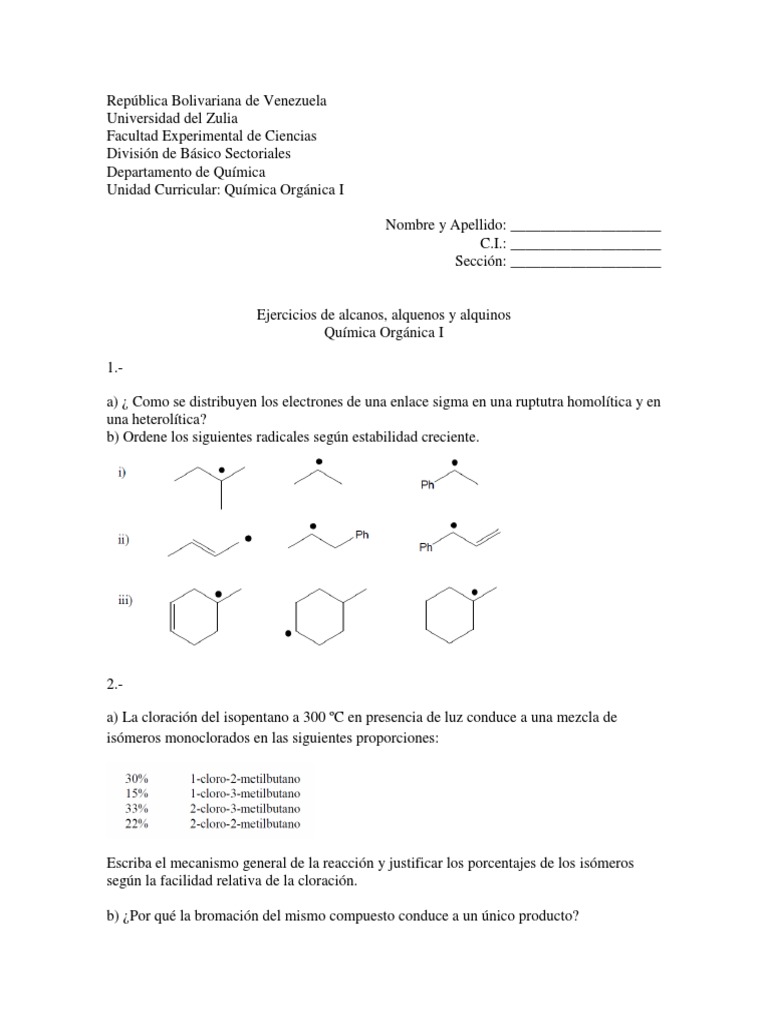 Ejercicios de Química Orgánica I | PDF | Alqueno | Reacciones químicas