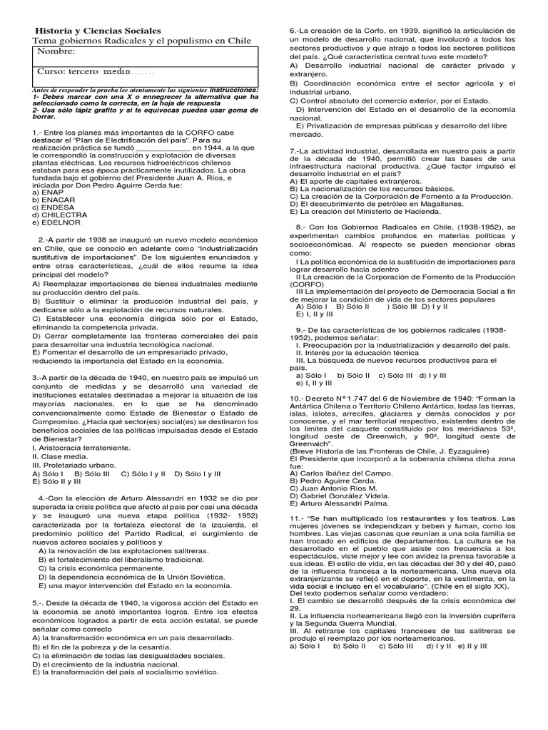 Prueba Gobiernos Radicales Pdf Chile Economía General
