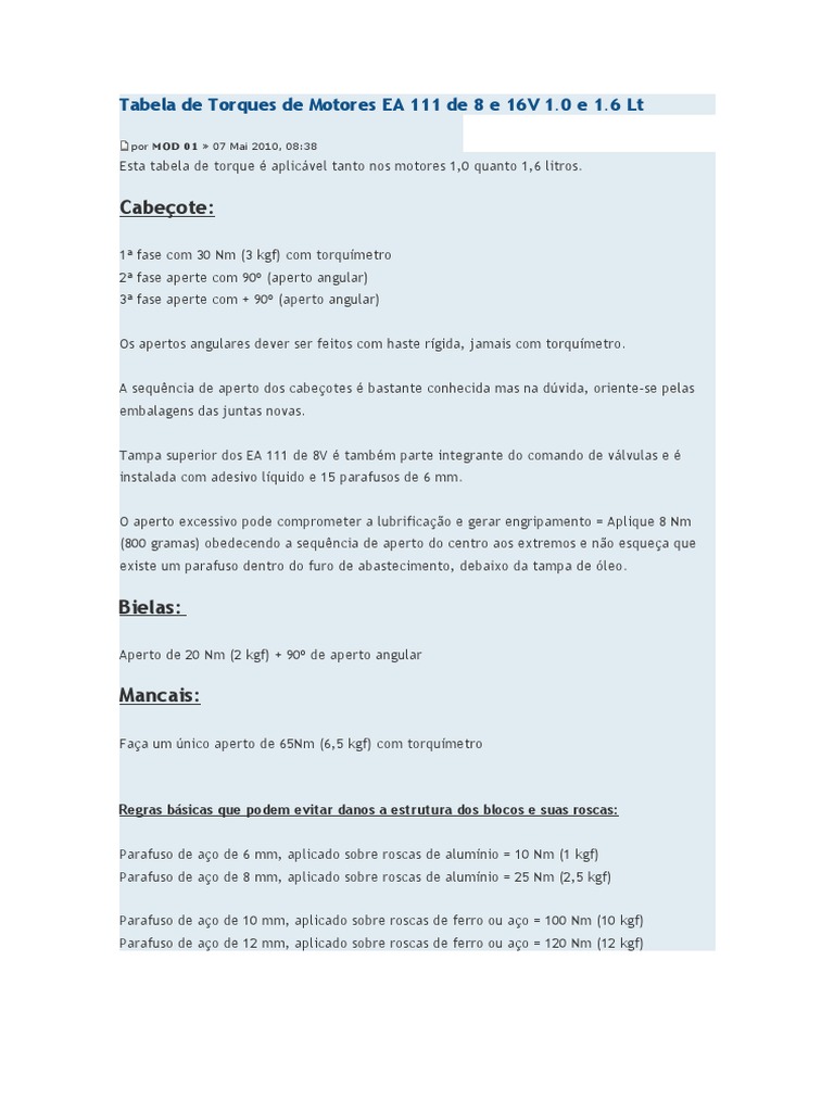 Tabela de Torques de Motores EA 111 de 8 e 16V 1 | PDF | Parafuso ...