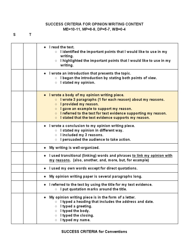 success criteria opinion writing - school uniforms | Paragraph | Word