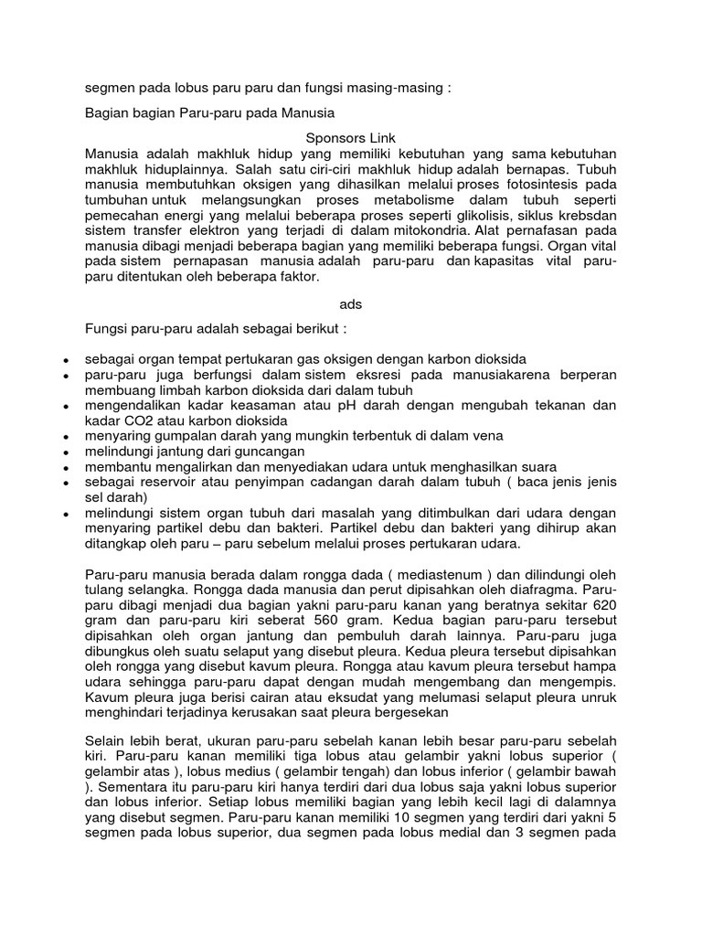 Segmen Pada Lobus Paru Paru Dan Fungsi Masing | PDF