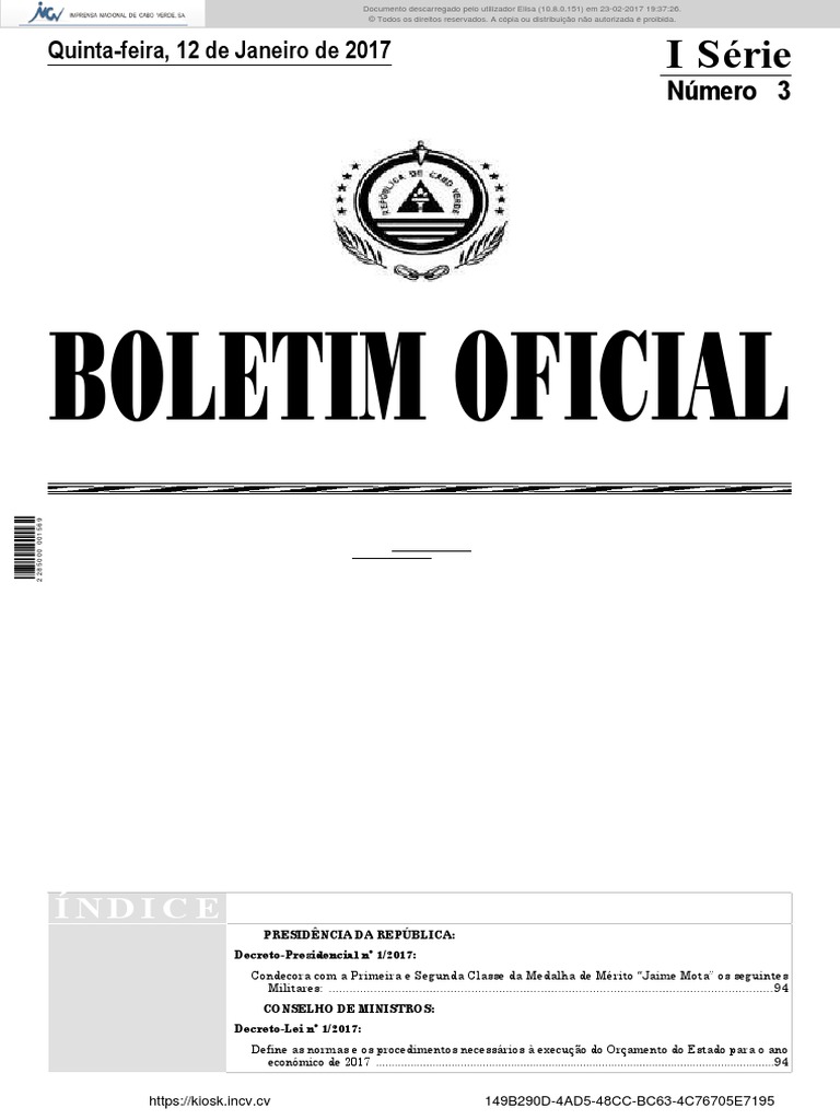 Boletim oficial da República de Cabo Verde de 12-01-2017 | Orçamento do ...