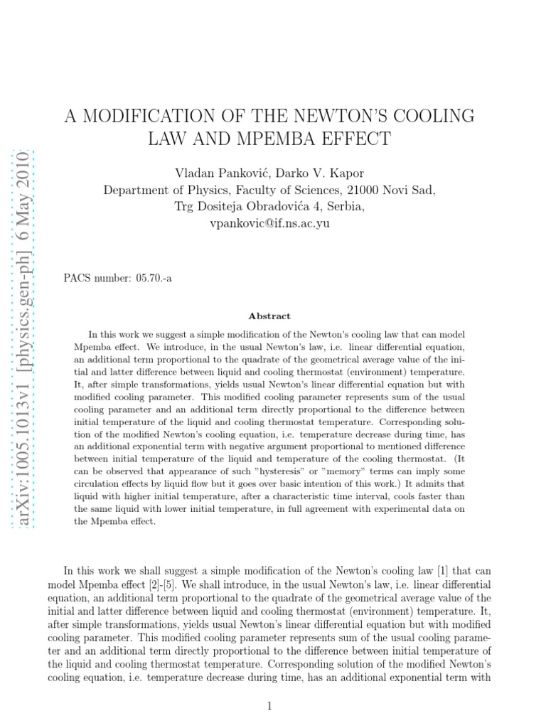 Physics of Mpemba Effect | PDF | Equations | Exponential Function