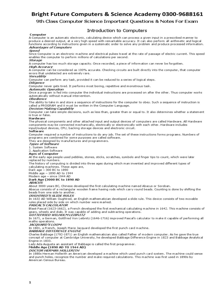 9th Class Computer Science Important Questions | PDF | Floppy Disk ...