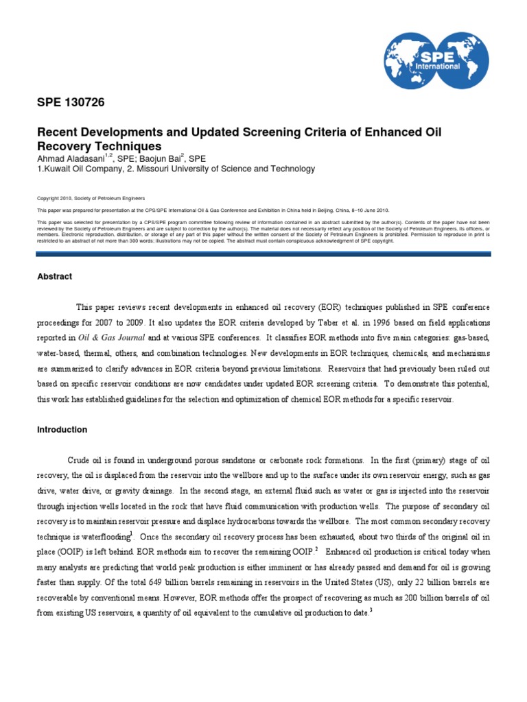 SPE-130726 - Updated EOR Screening Criteria | Enhanced Oil Recovery ...