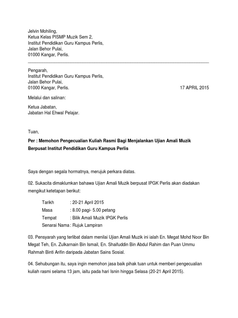 Surat Permohonan Pengecualian Kuliah-Pengarah | PDF