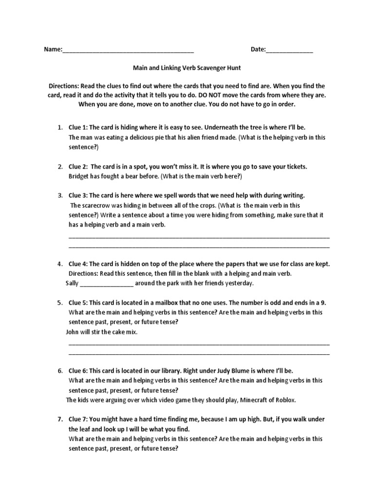 Main and Helping Verbs Scavenger Hunt | PDF | Verb | Grammar