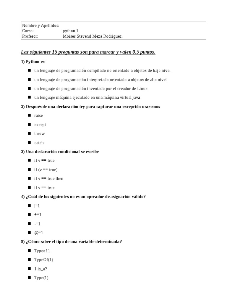 Examen Python | Descargar gratis PDF | Lenguaje de programación ... Examen Python | Descargar gratis PDF | Lenguaje de programación ...
