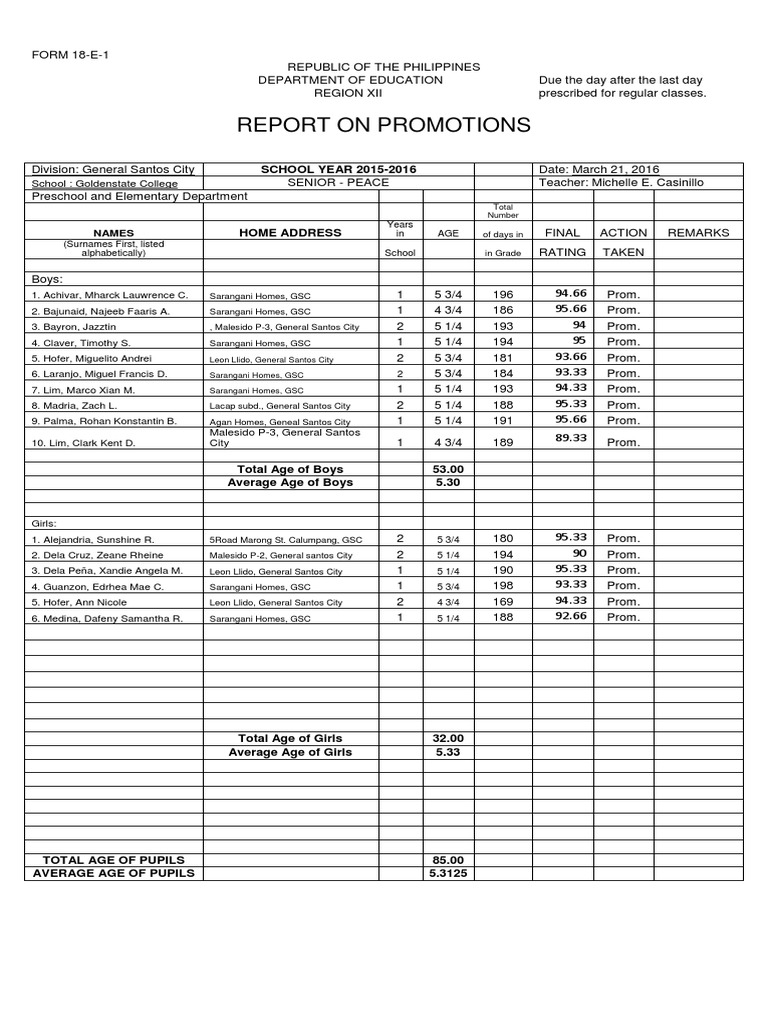 Report On Promotions: SCHOOL YEAR 2015-2016 | Download Free PDF ...