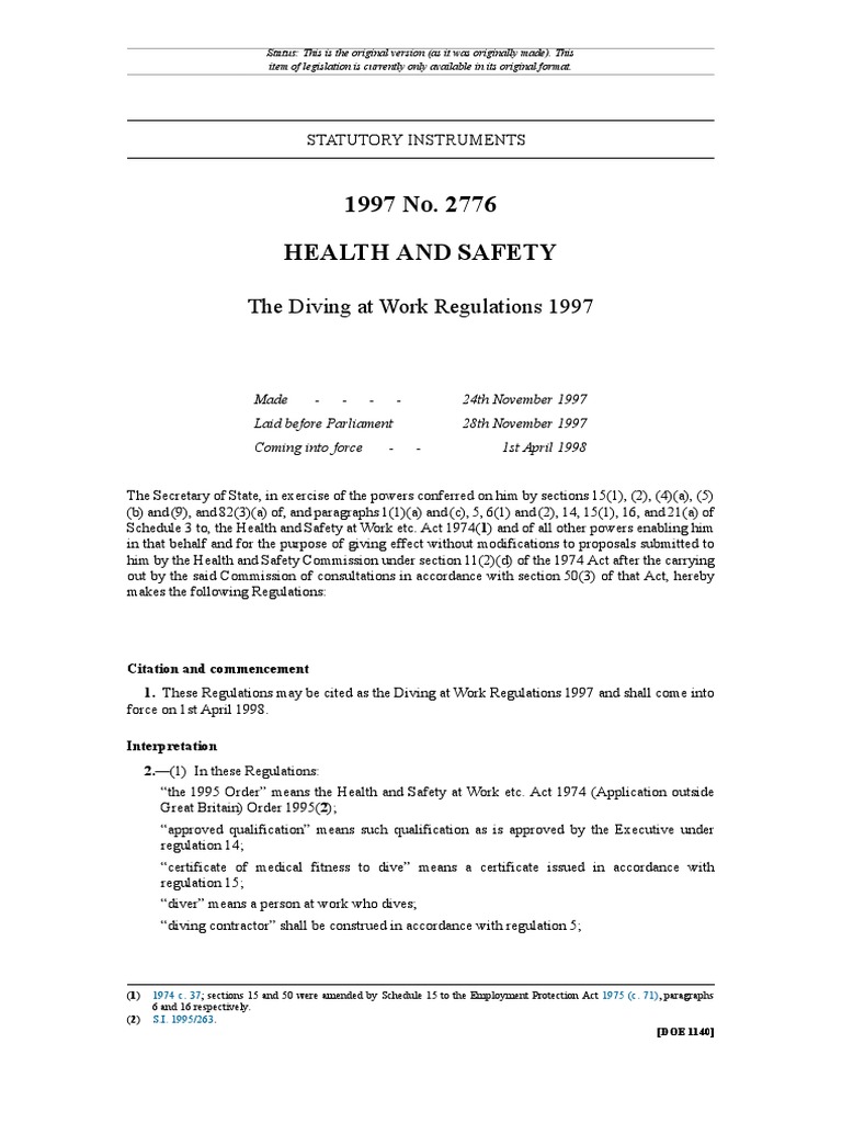 Diving at Work Regulations 1997 | PDF | Underwater Diving | Scuba Diving