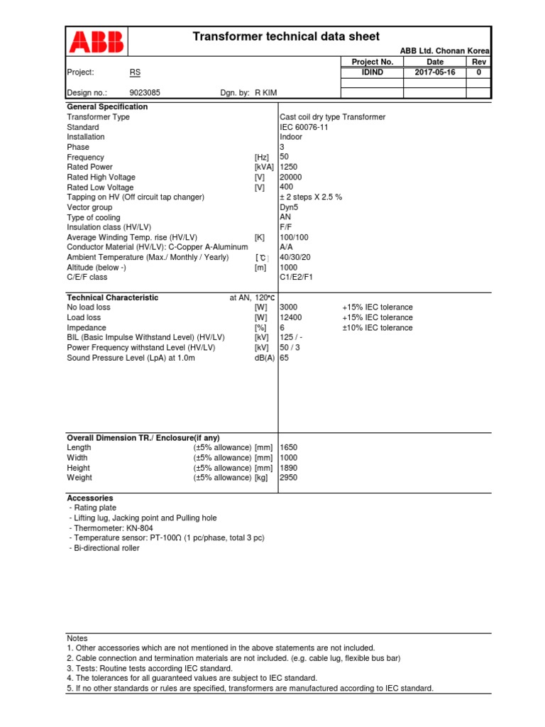 Abb 1250kVA Data Sheet Rev0 | PDF | Transformer | Electronics