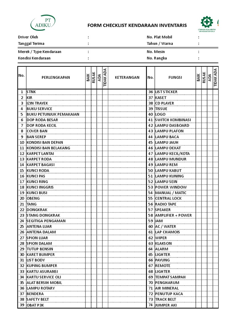 Form Checklist Kendaraan | PDF