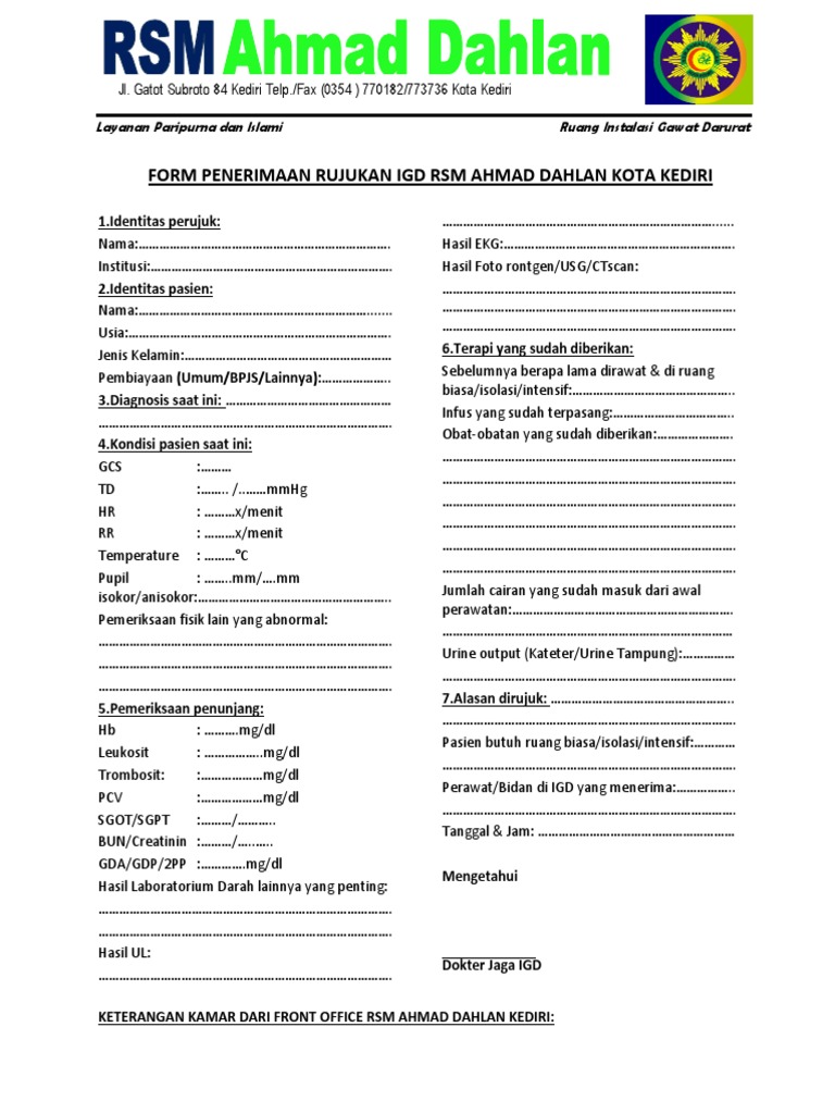 Form Penerimaan Rujukan Igd RSM Ahmad Dahlan Kota Kediri | PDF