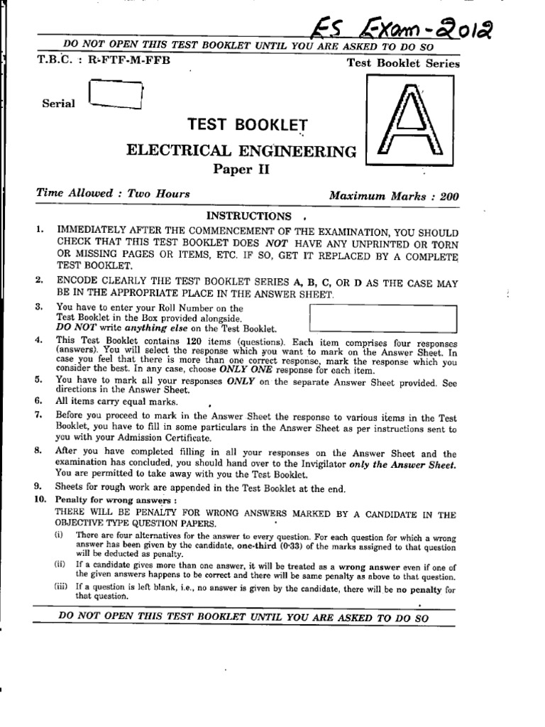 UPSC IES 2012 Electrical Engg Paper 2 Objective Type Question Paper PDF ...