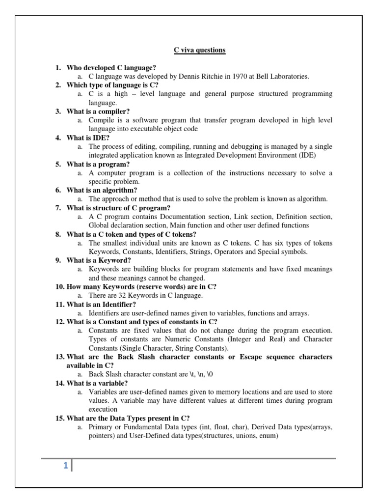 C Viva Questions Pdf C Programming Language Parameter Computer Programming