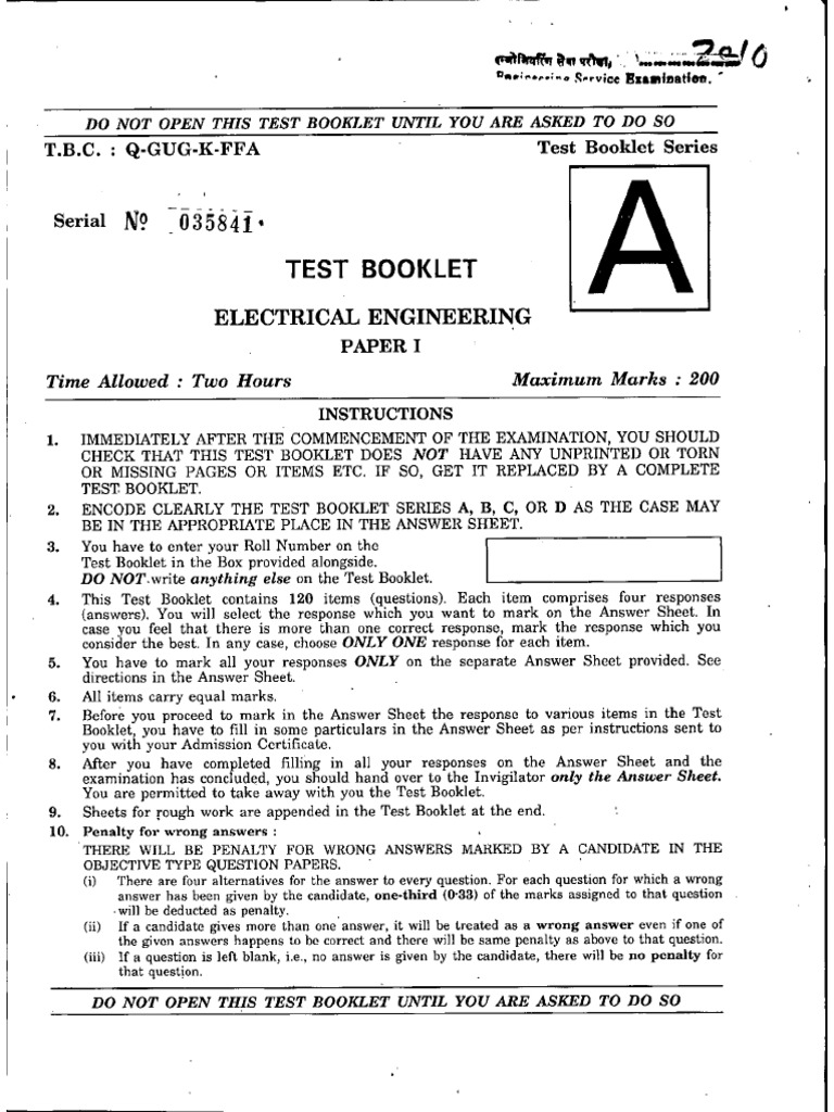 UPSC IES 2010 Electrical Engg Paper 1 Objective Type Question Paper | PDF