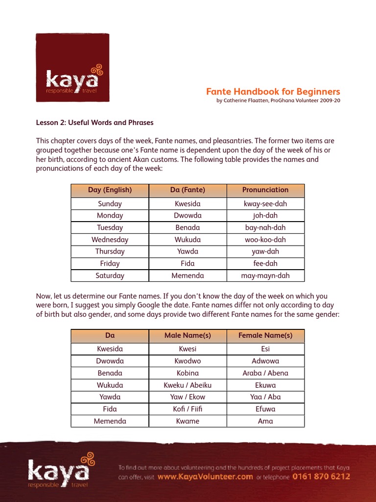 Fante Names and Days of the Week | PDF | Languages Of Asia | Symbols