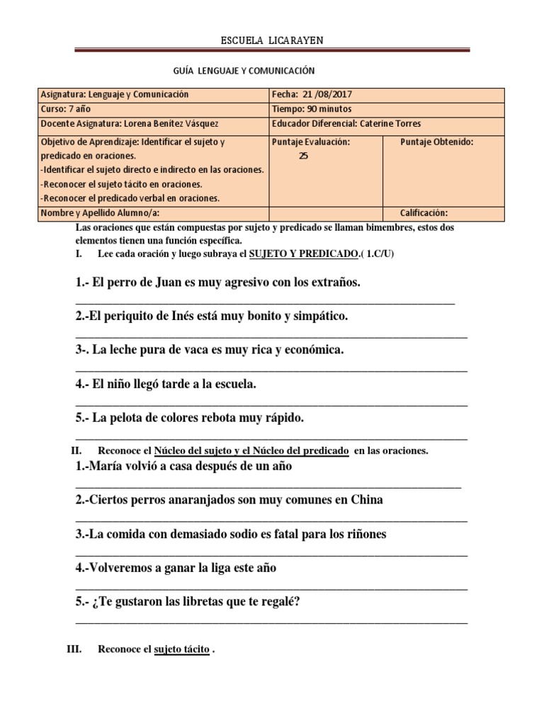 Guía Sujeto Tácito 2017 | PDF | Asunto (gramática) | Predicado (Gramática)