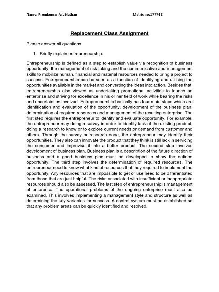 Replacement Class Assignment | PDF | Palm Oil | Entrepreneurship