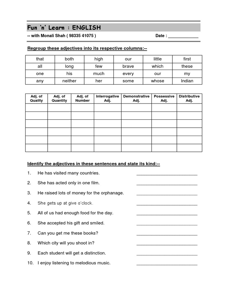 Adjective Classification Exercises | PDF | Games & Activities