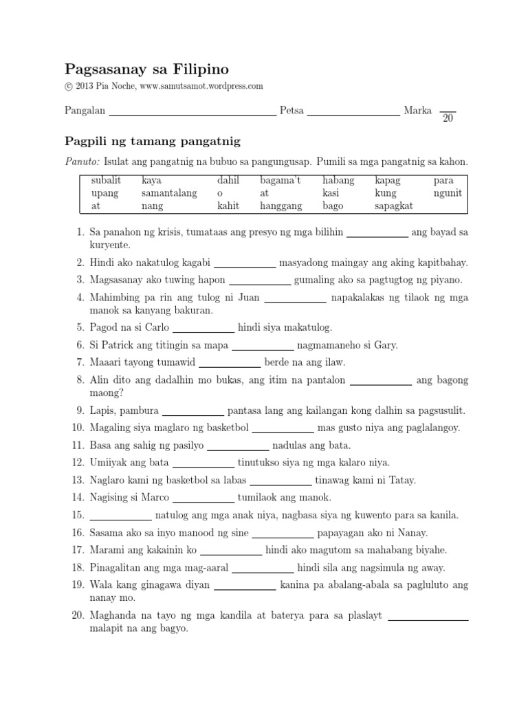 Pagpili NG Tamang Pangatnig 1 | PDF